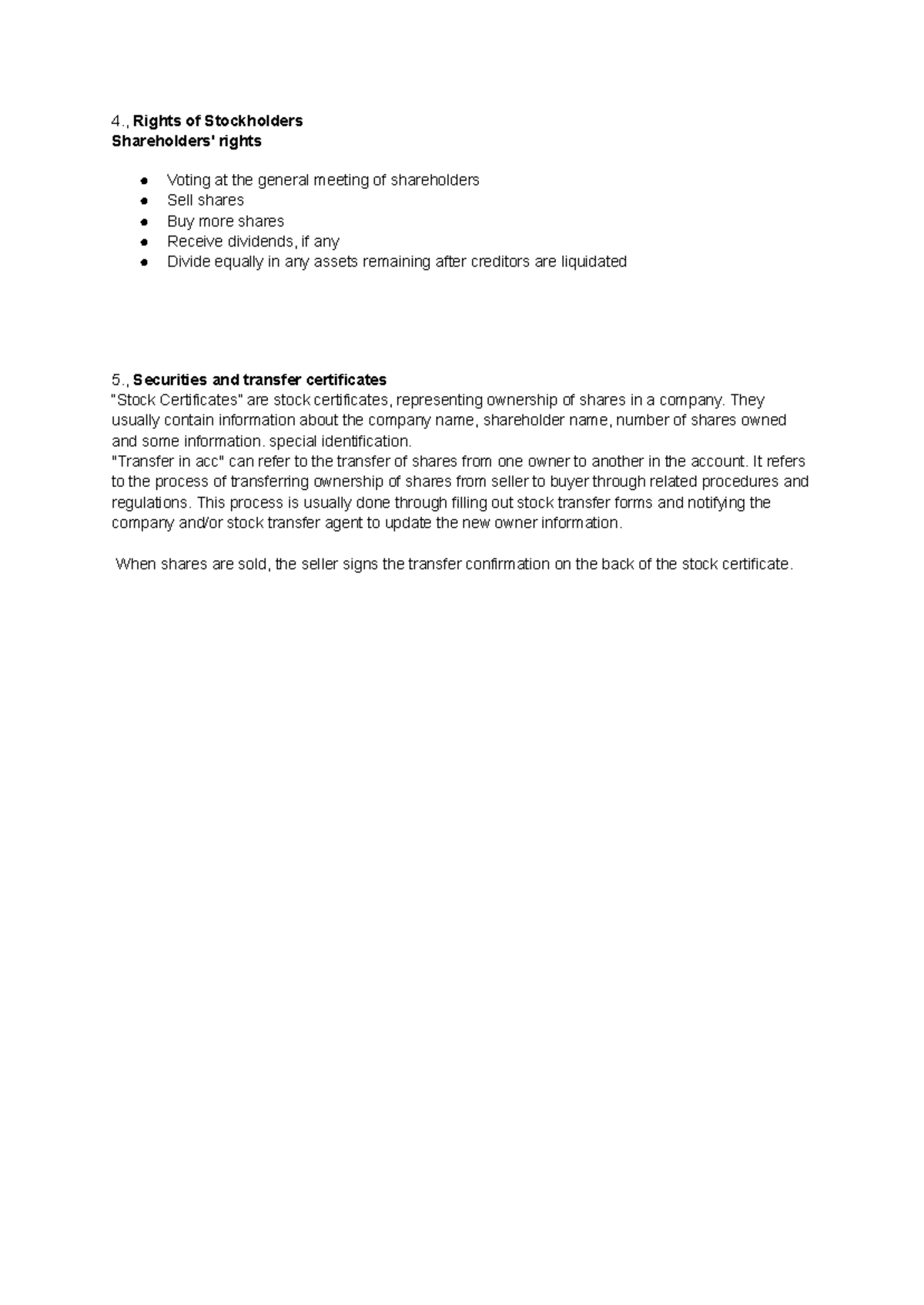 ACC C13 - Rights of Stockholders and Securities Transfer Notes - Studocu