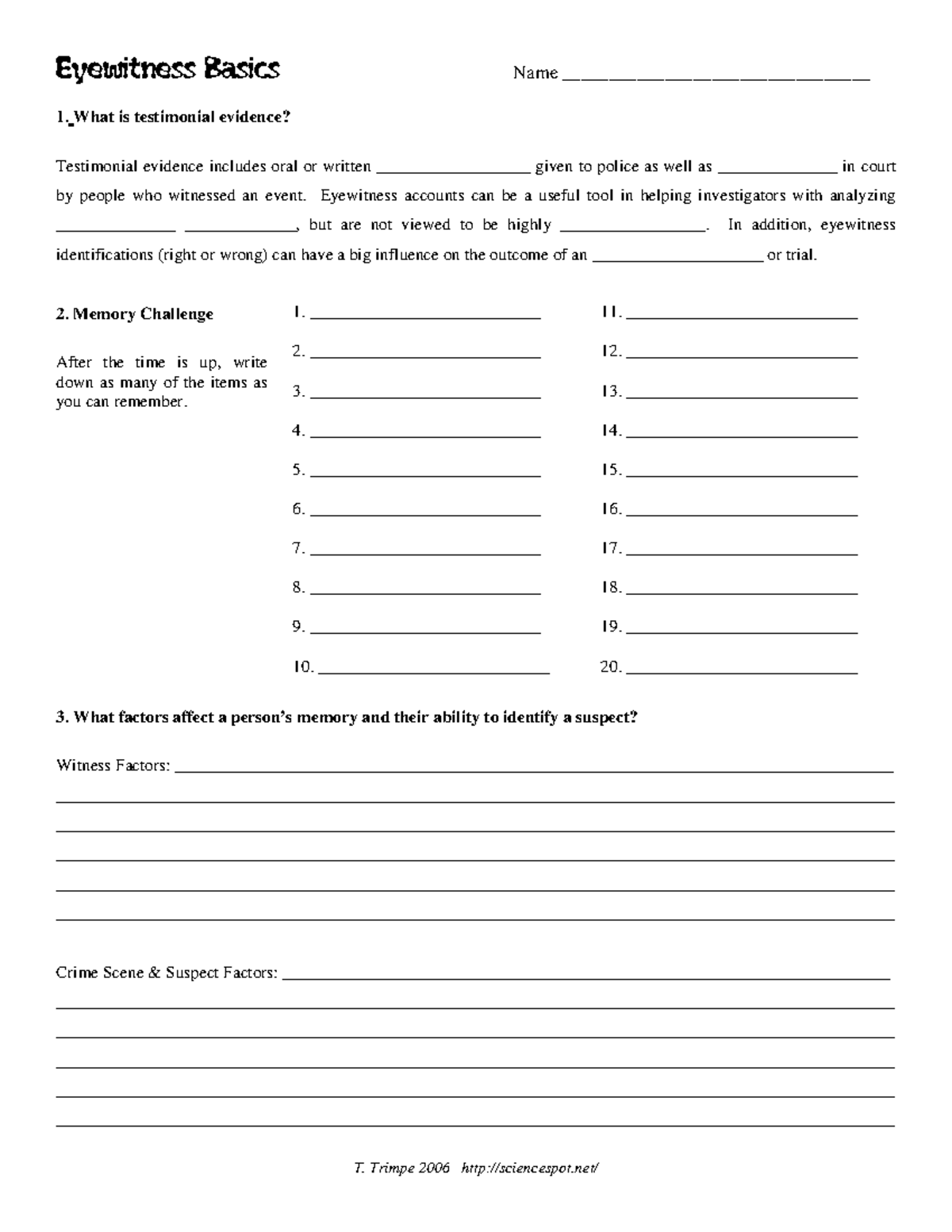 Eyewitness Basics Worksheet: Testimonial Evidence & Memory Factors ...