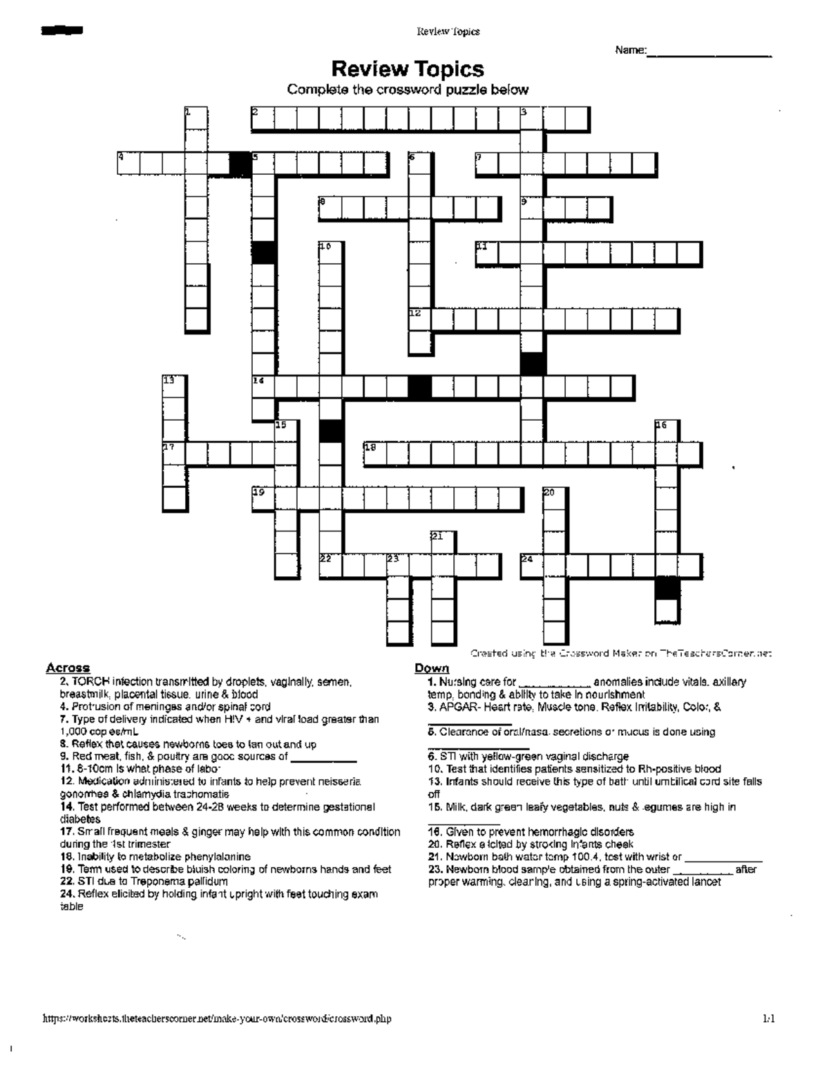 Crossword - handout - Review Topics Name: Review Topics Complete the ...