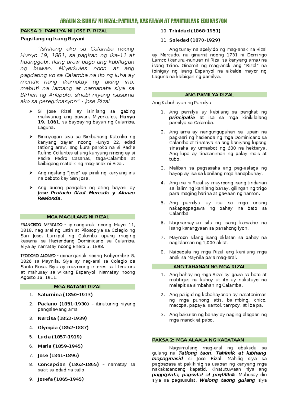 ARALIN 3: BUHAY NI RIZAL - PAMILYA AT KABATAAN (LWR-A3) - Studocu