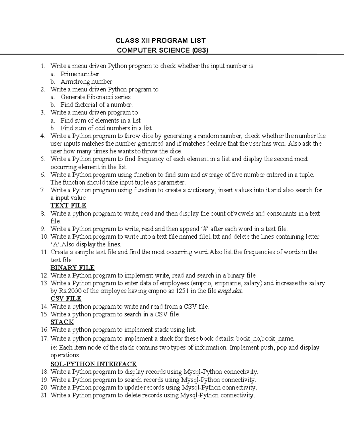 CLASS XII COMPUTER SCIENCE (083) Python Program List - Studocu
