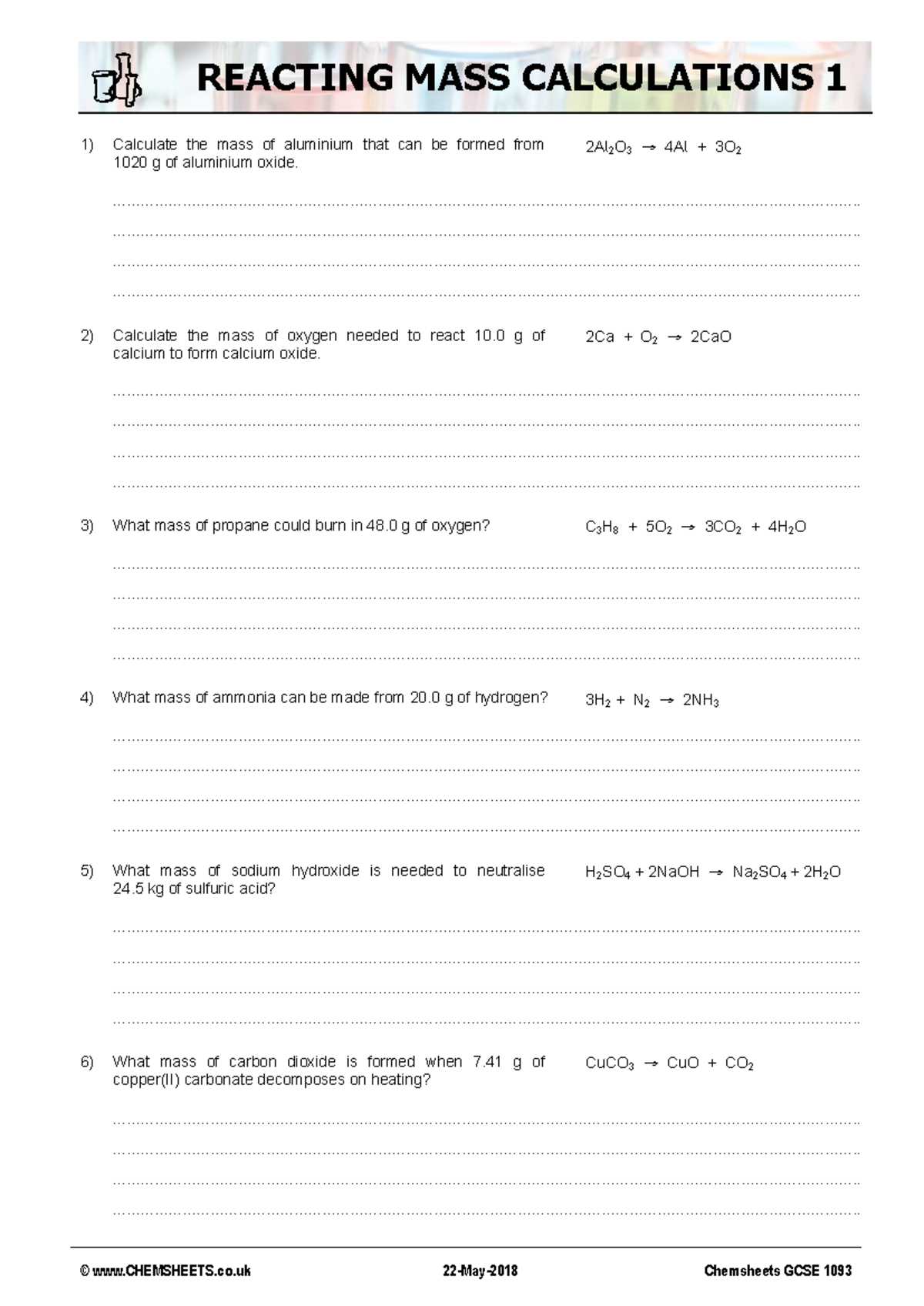 GCSE Chemistry - Reacting Mass Calculations (Chemsheets-1093) - Studocu