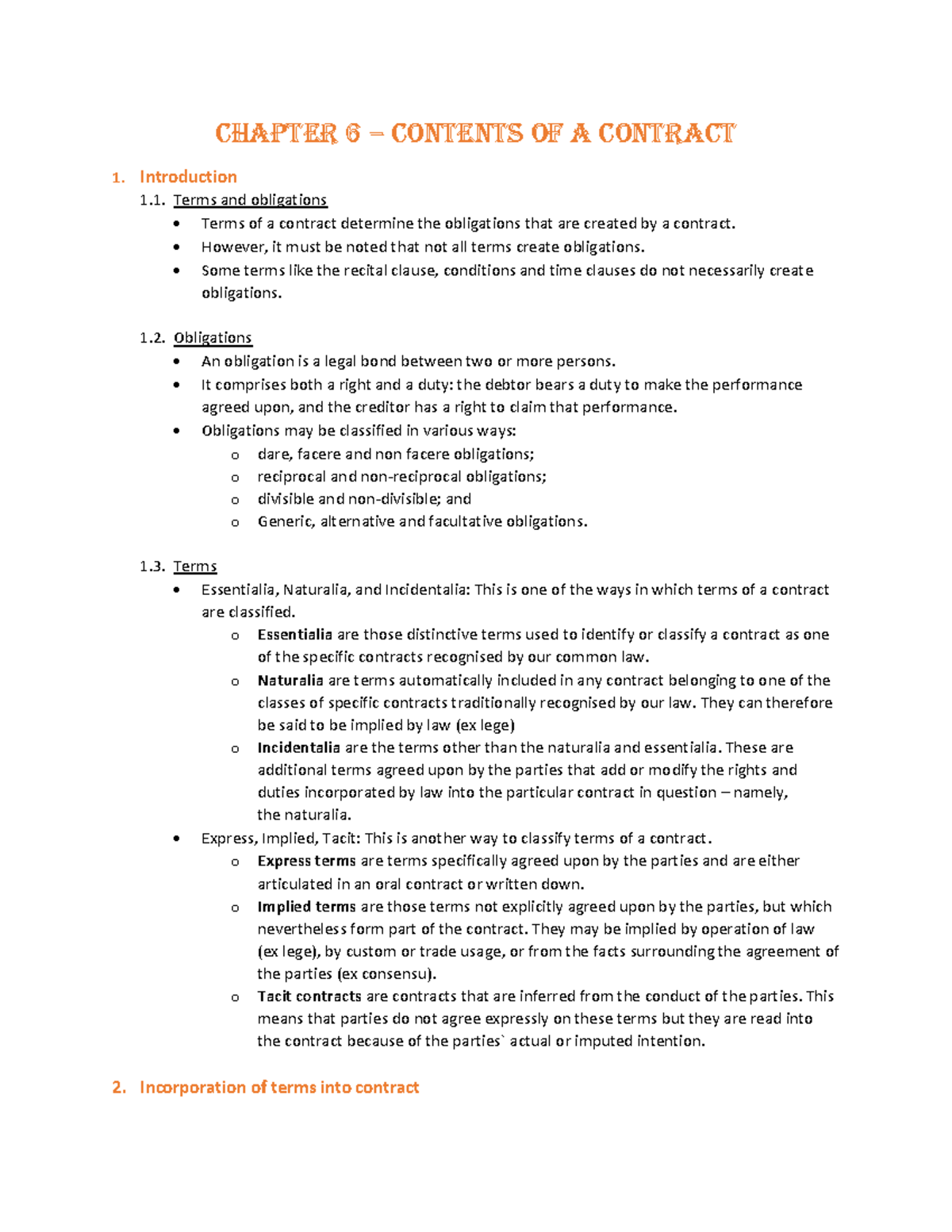 Chapter 6 Contents of a contract - Chapter 6 – Contents of a contract 1. Introduction Terms and ...