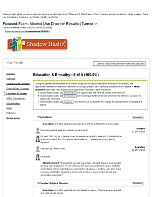 Shadow Health Rachel Adler SBAR: Focused Exam on Alcohol Use Disorder ...