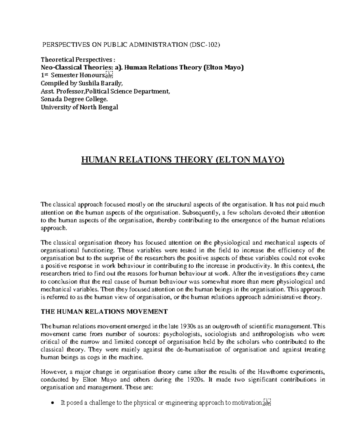 Human Relations Theory (DSC-102): Insights from Elton Mayo's Research ...