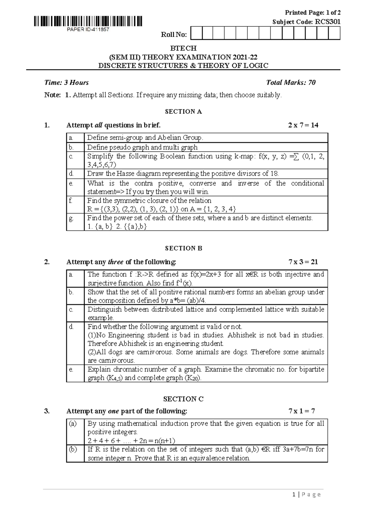 Btech cs 3 sem discrete structures and theory of logic rcs301 2022 - Printed Page: 1 of 2 ...