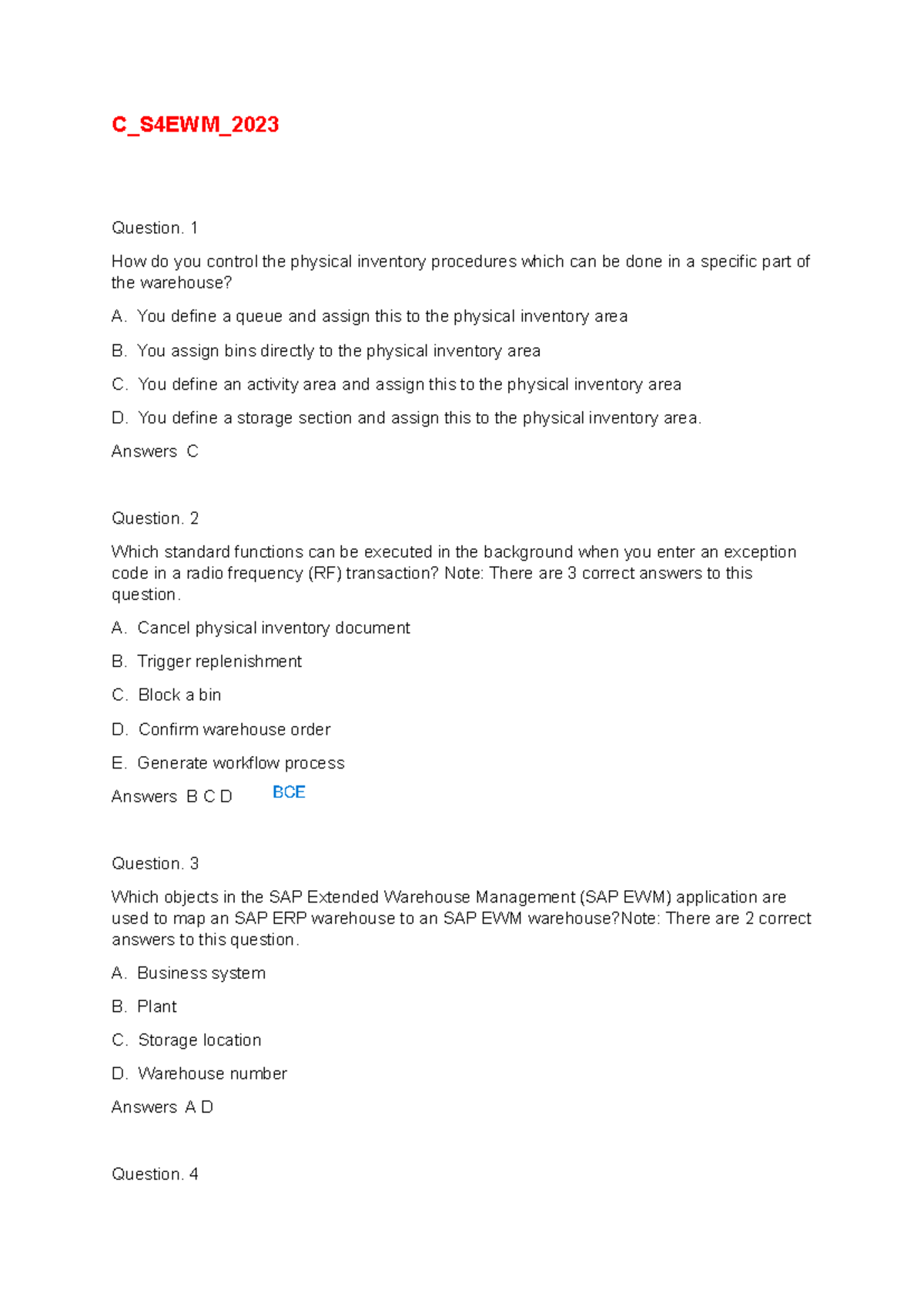 C_S4EWM Warehouse Management Quiz Questions & Answers Compilation - Studocu
