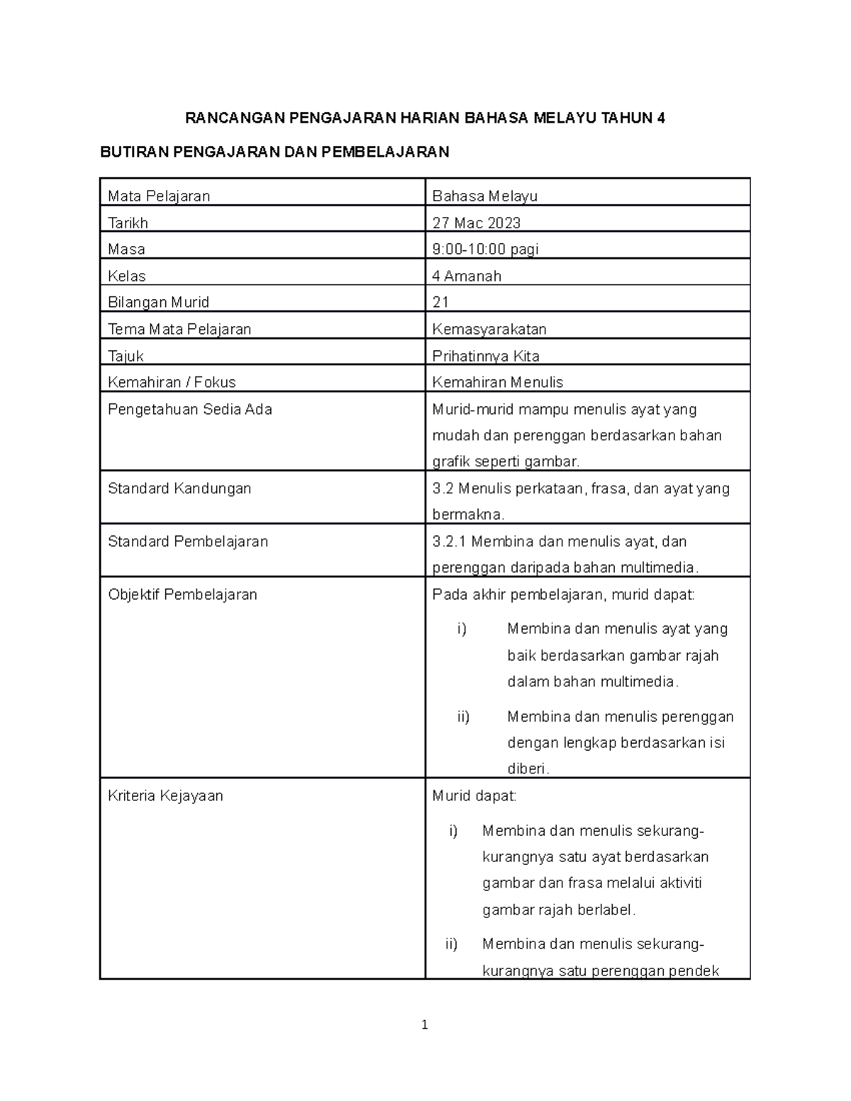RPH Bahasa Melayu Tahun 4: Rancangan Pengajaran Harian 27 Mac 2023 ...