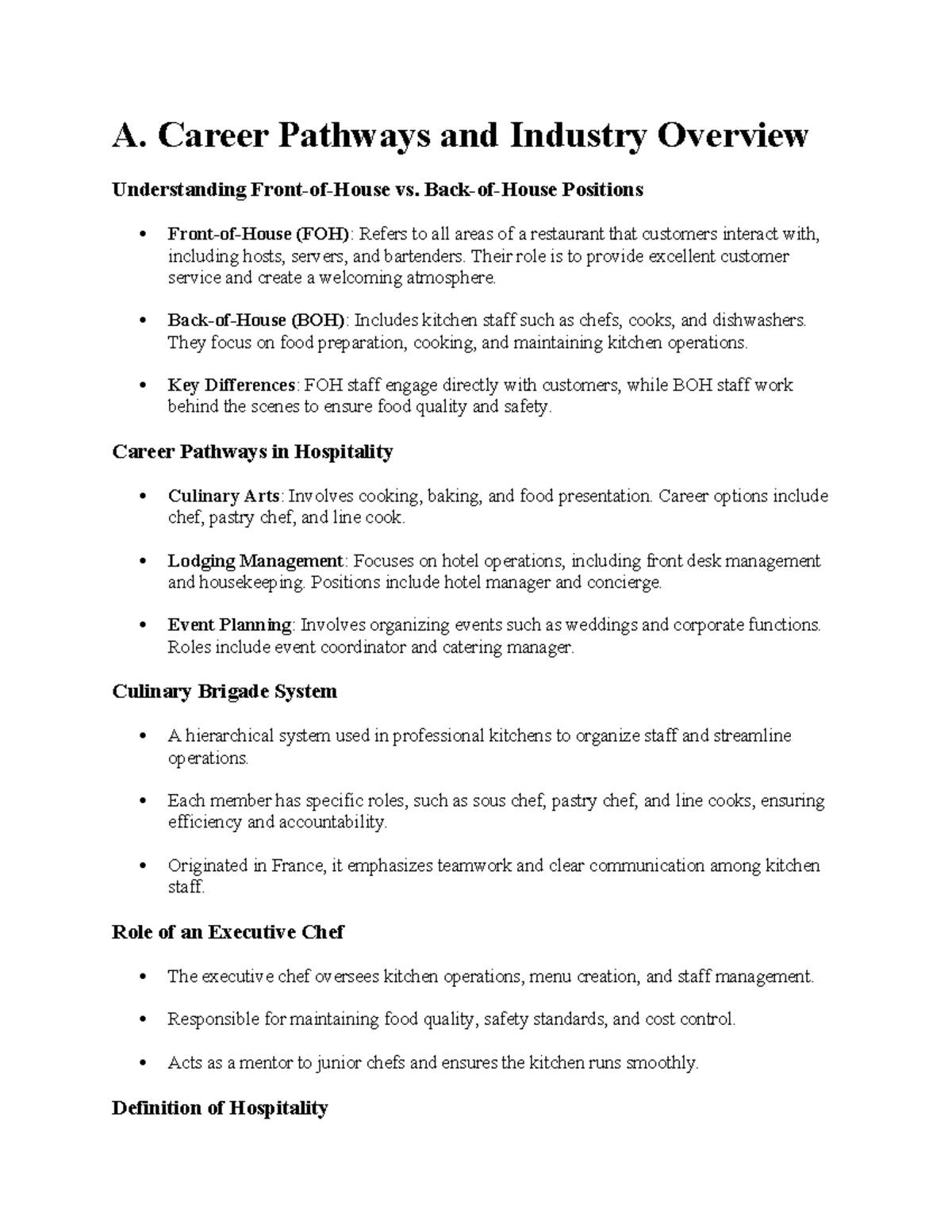 Career Pathways & Professionalism in Culinary Arts (Culinary 101) - Studocu