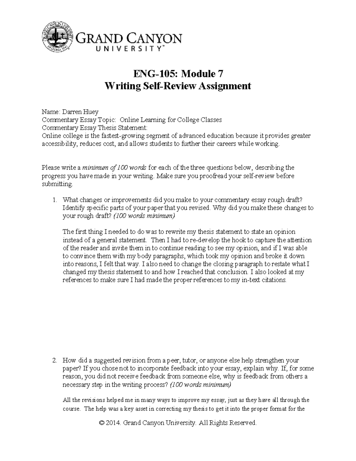 ENG 105 RS Self-Review Assignment: Reflecting on Writing Progress - Studocu