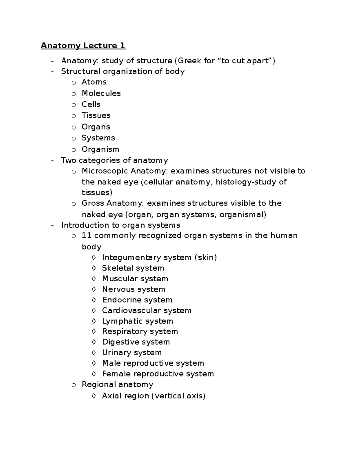 Human Anatomy Lecture 1: Structural Organization and Systems - Studocu