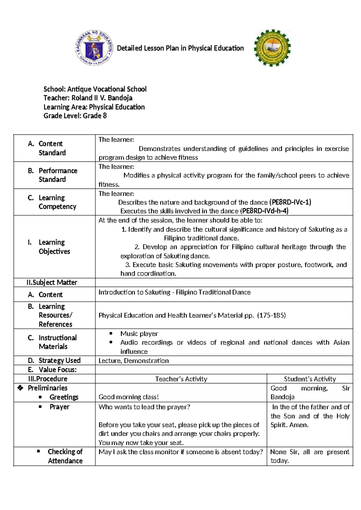 DLP 8: Detailed Lesson Plan on Sakuting Dance in PE - Studocu