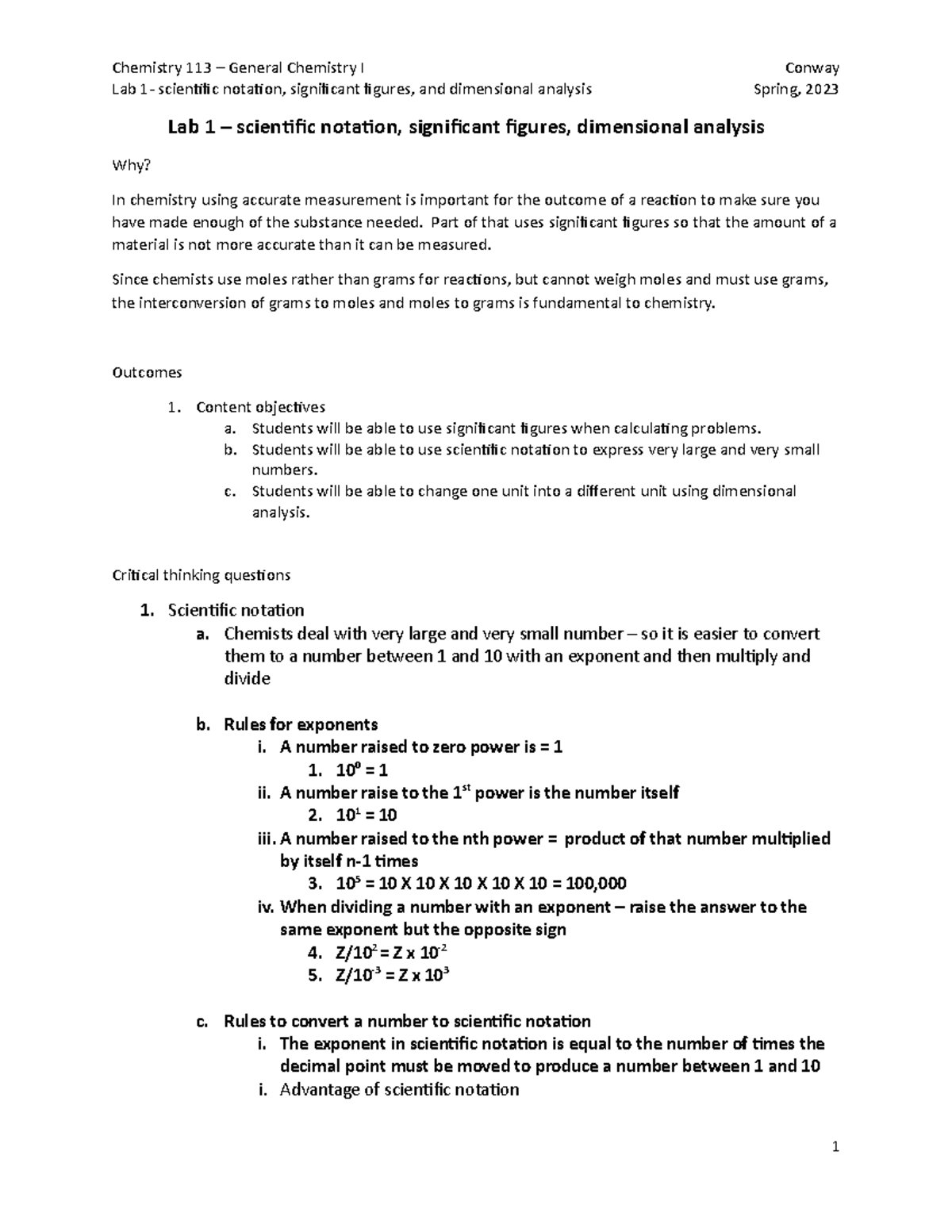 Lab 1: Sci Notation, Sig Figs & Dim Analysis (Fall 2022) - Studocu
