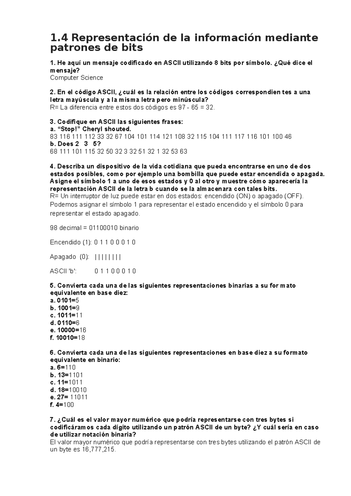 1.4 Representación de Información en ASCII y Patrones de Bits - Studocu