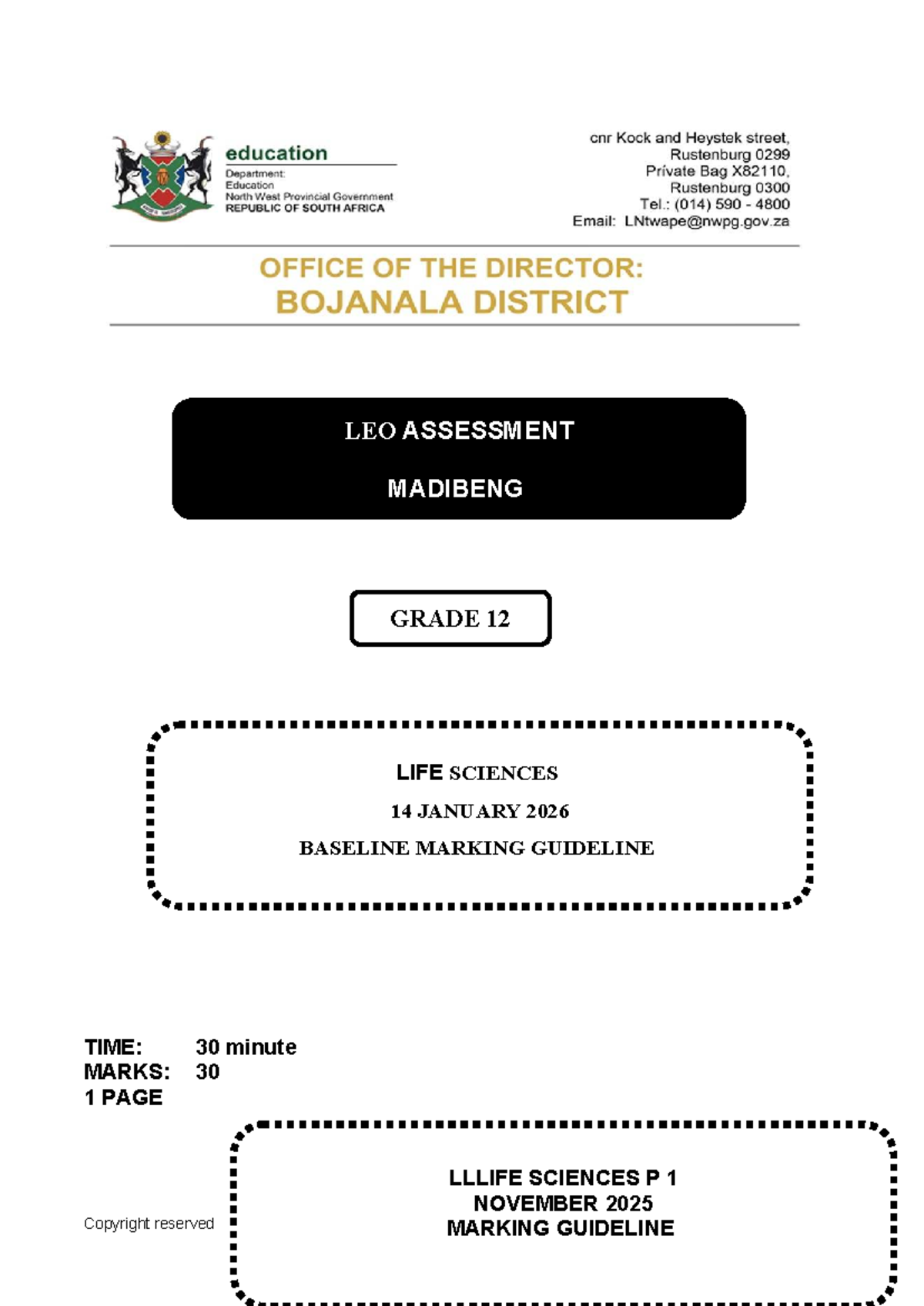 Gr 12 LSC MG Baseline Assessment Marking Guideline 2026 - Studocu