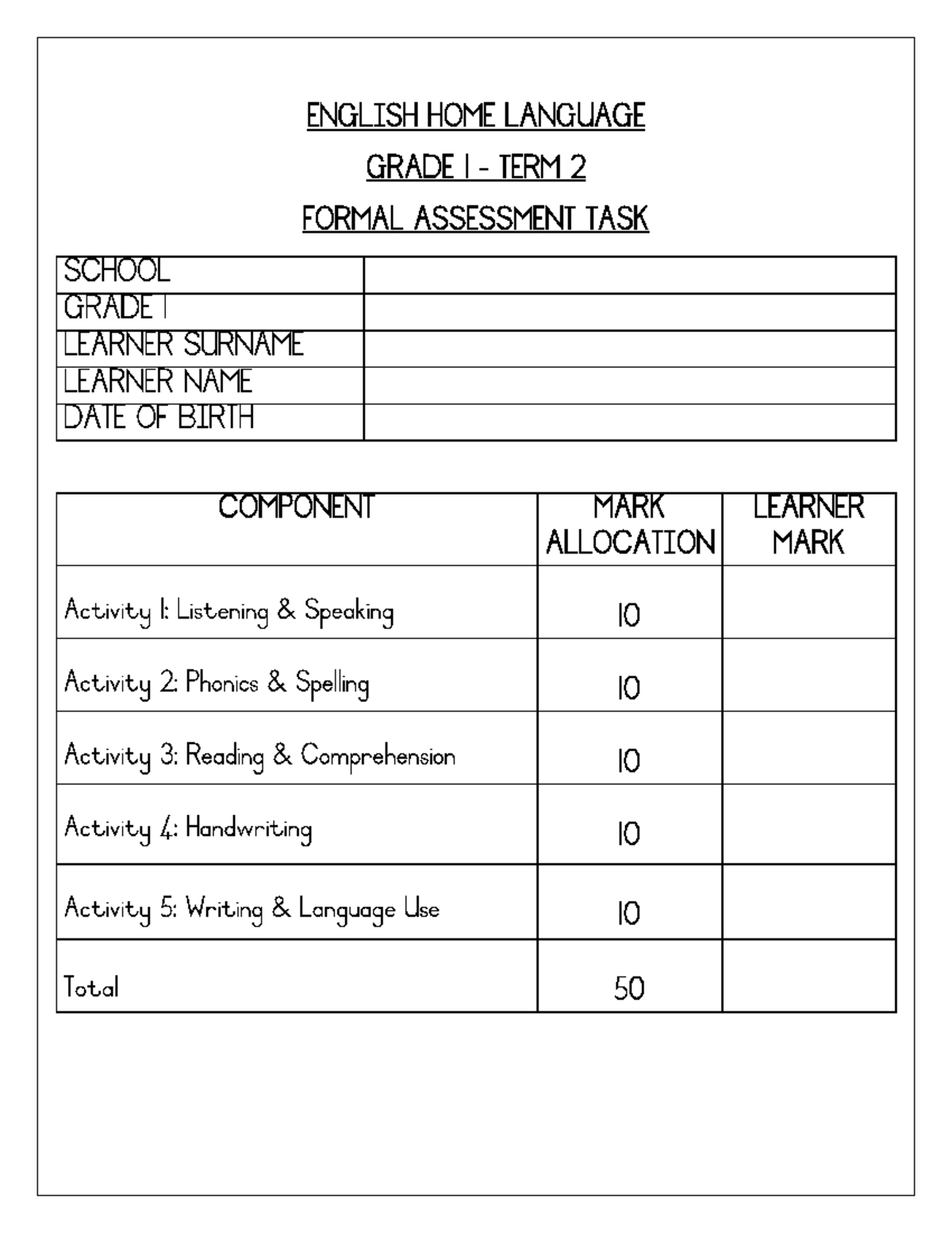 2024 Assessment Task - English HL - Grade 1 - Term 2 - ENGLISH HOME ...