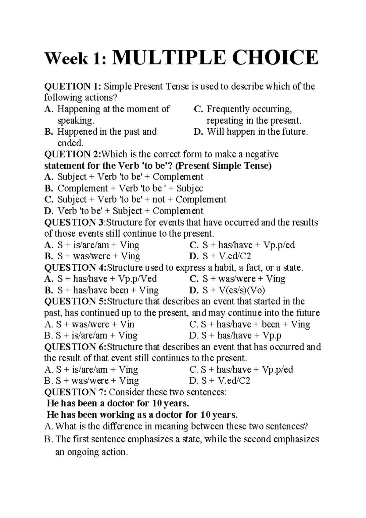 Tense Exercises Week 1: Simple Present & Continuous Overview - Studocu
