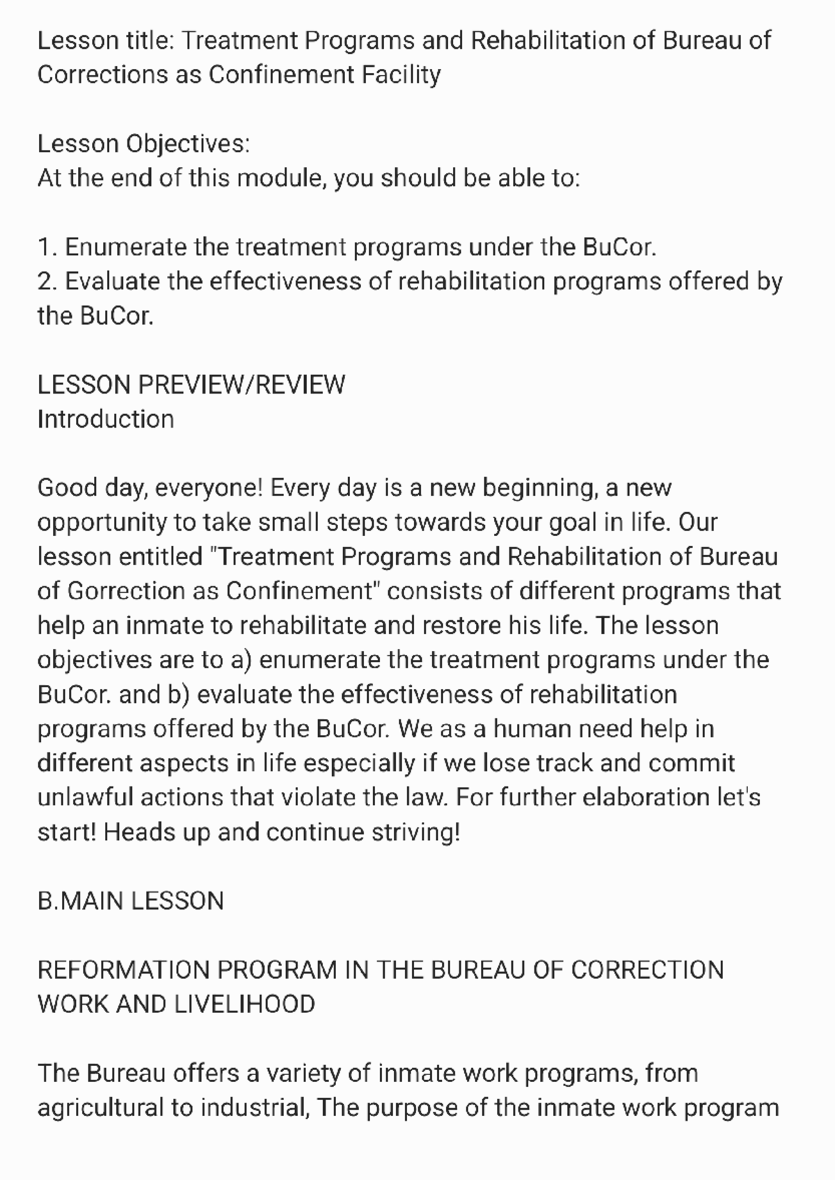 Lesson on Treatment Programs & Rehabilitation in BuCor (Module 16 ...