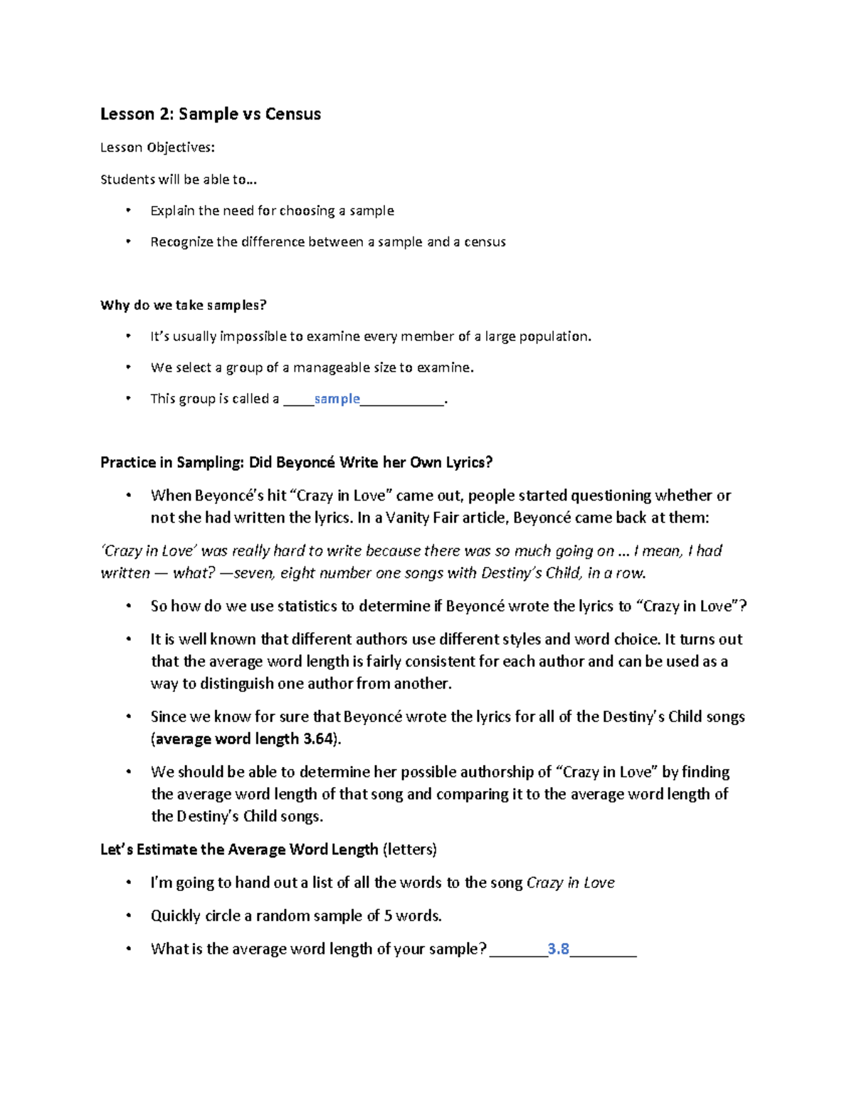 Lesson 2 Guided Notes: Understanding Sample vs Census [226] - Studocu