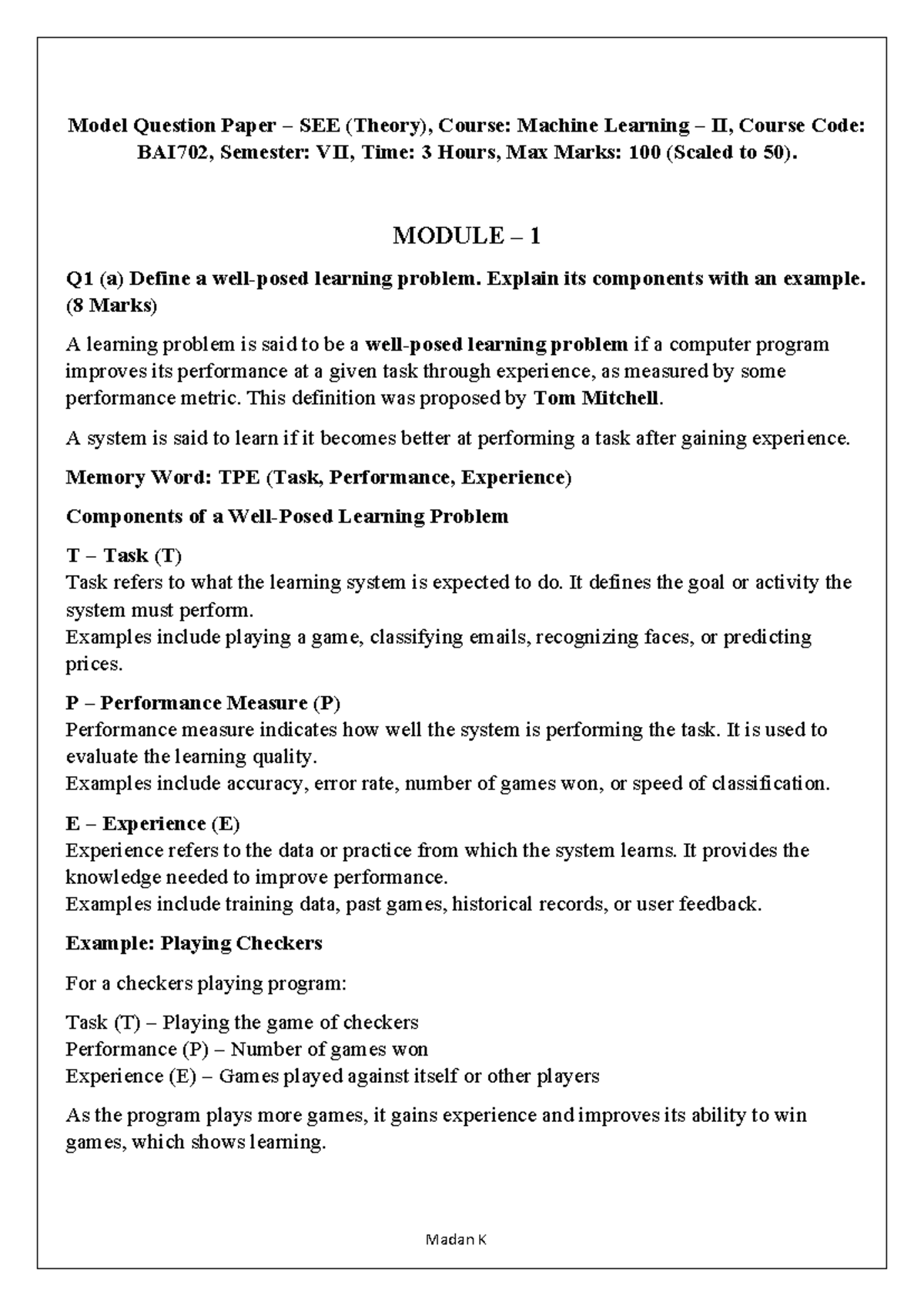 BAI702 Machine Learning II: Model Question Paper & Answers - Studocu