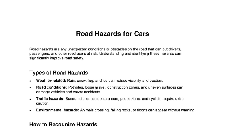 Road Hazards: Understanding Risks and Safety Tips for Drivers - Studocu