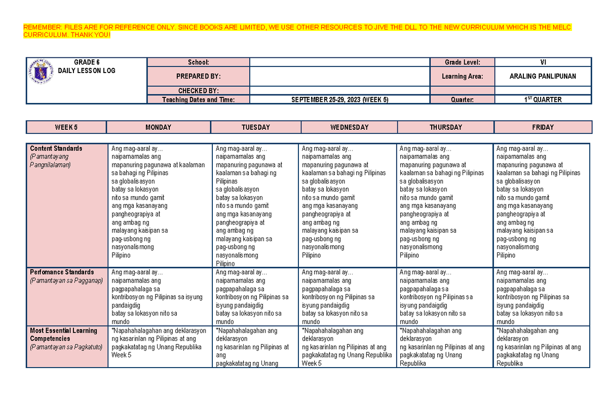 DLL AP6 WEEK 5 Q1: Araling Panlipunan Lesson Plan - Studocu