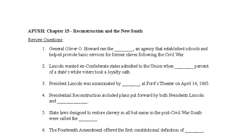 APUSH: Chapter 15 Reconstruction Review Questions and Answers - Studocu