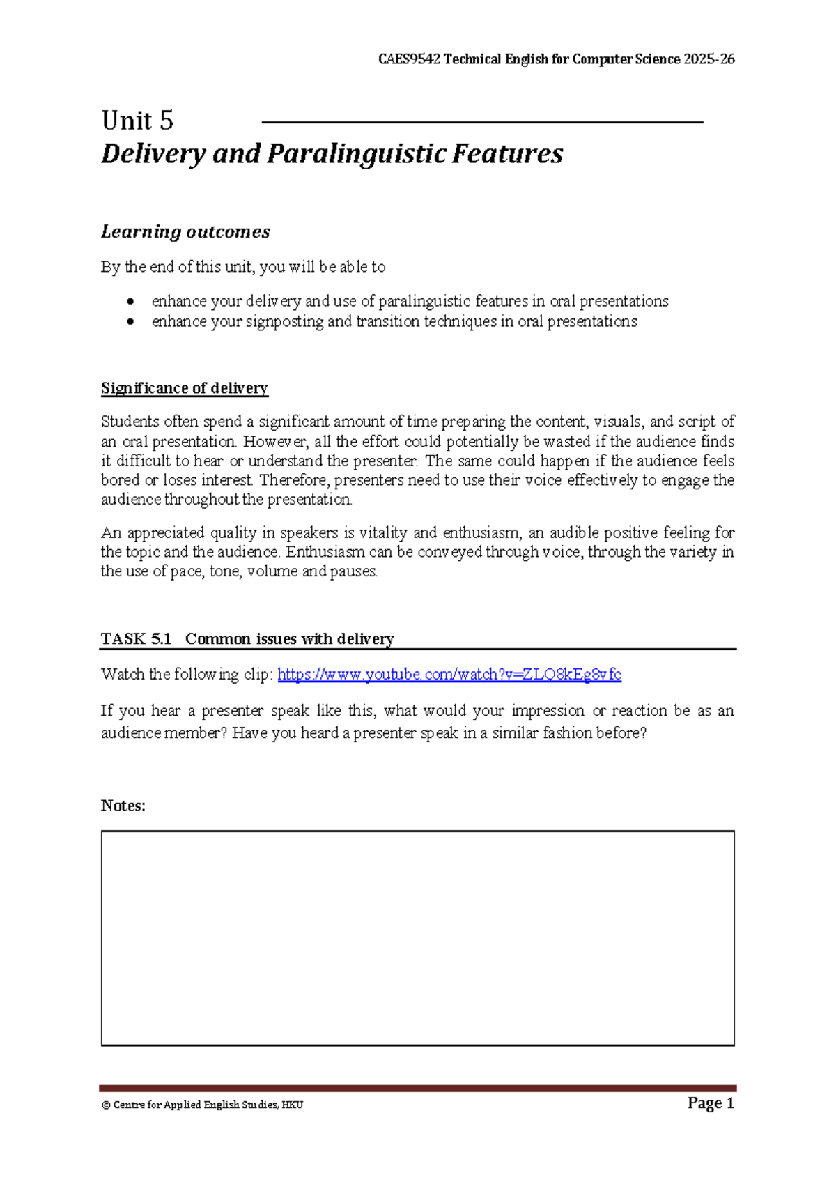 CAES9542 Technical English for Computer Science: Unit 5 on Delivery ...