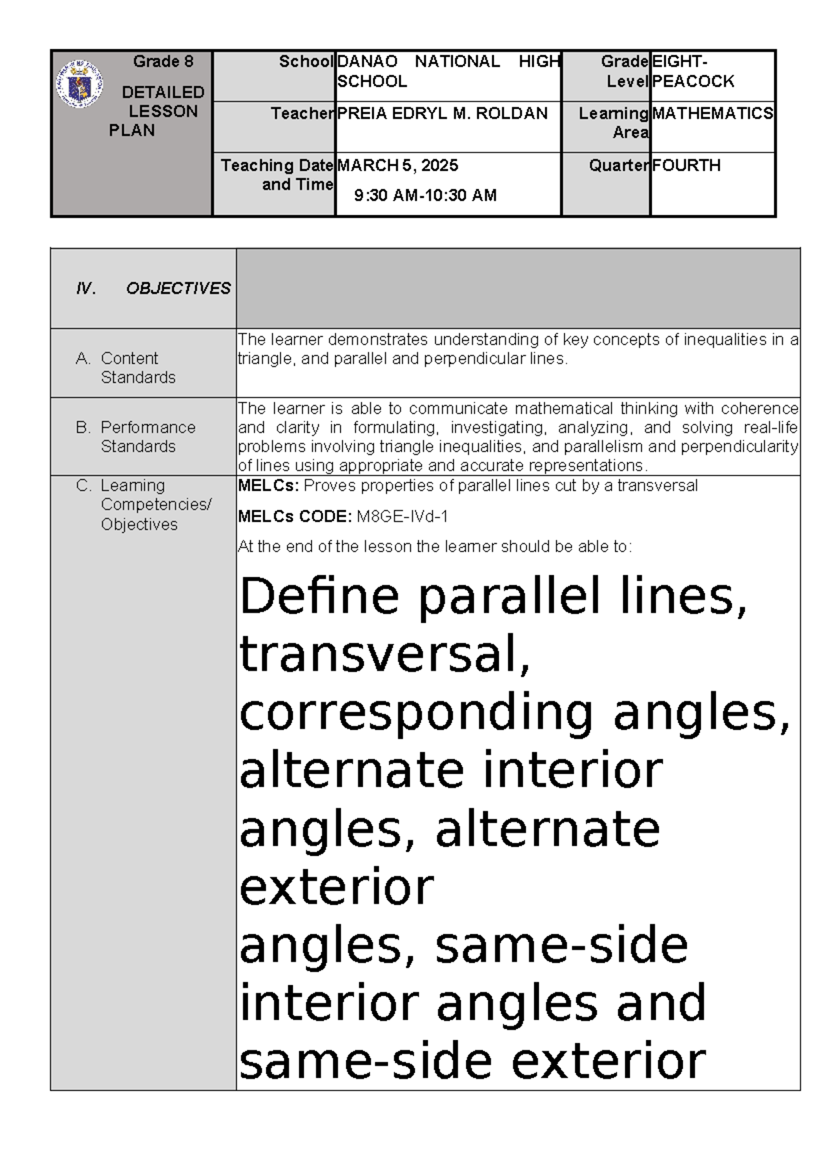Grade 8 Math Detailed Lesson Plan: Parallel Lines & Transversals Q4 ...