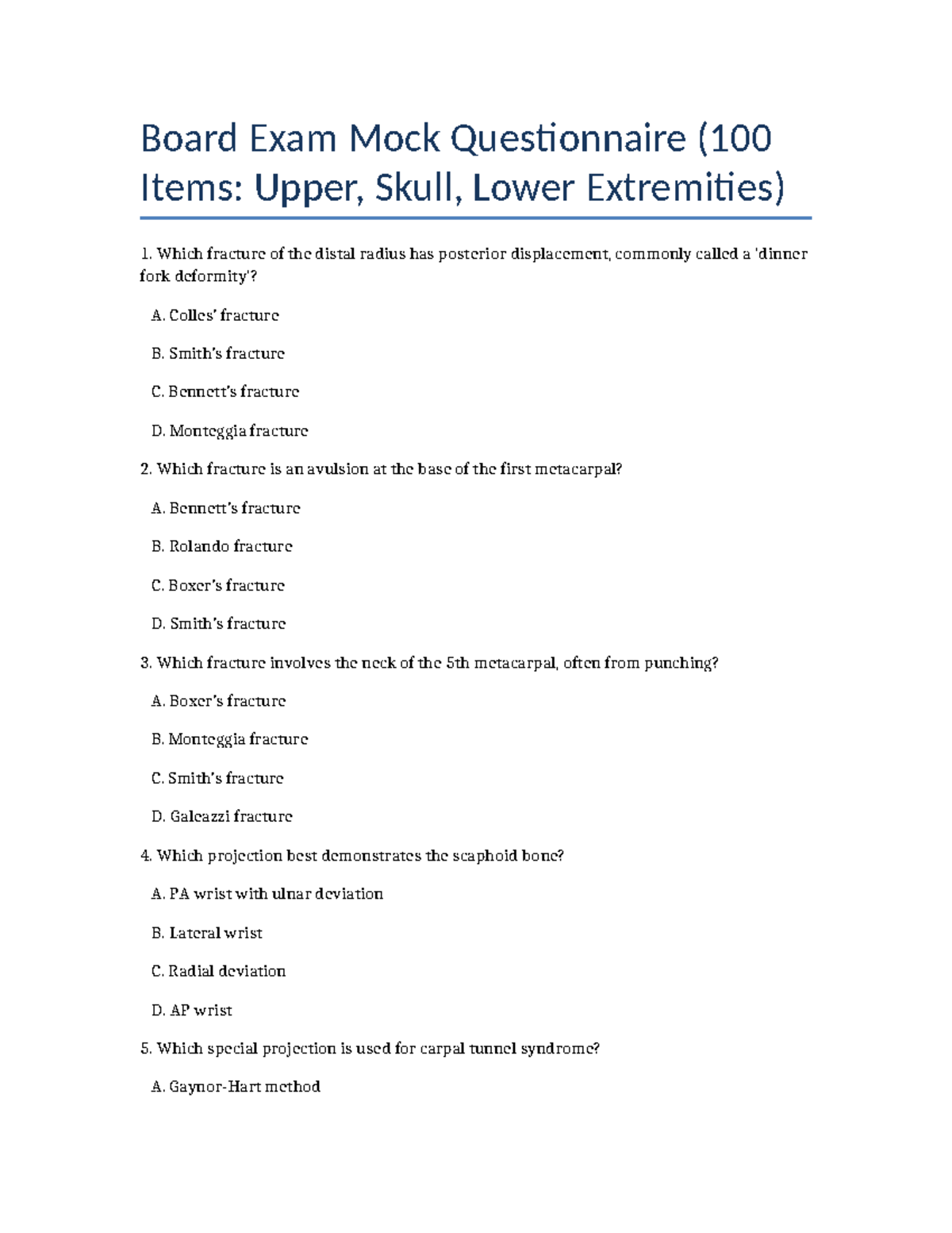 Board Exam Mock Questionnaire (100 Items: Fractures & Projections ...