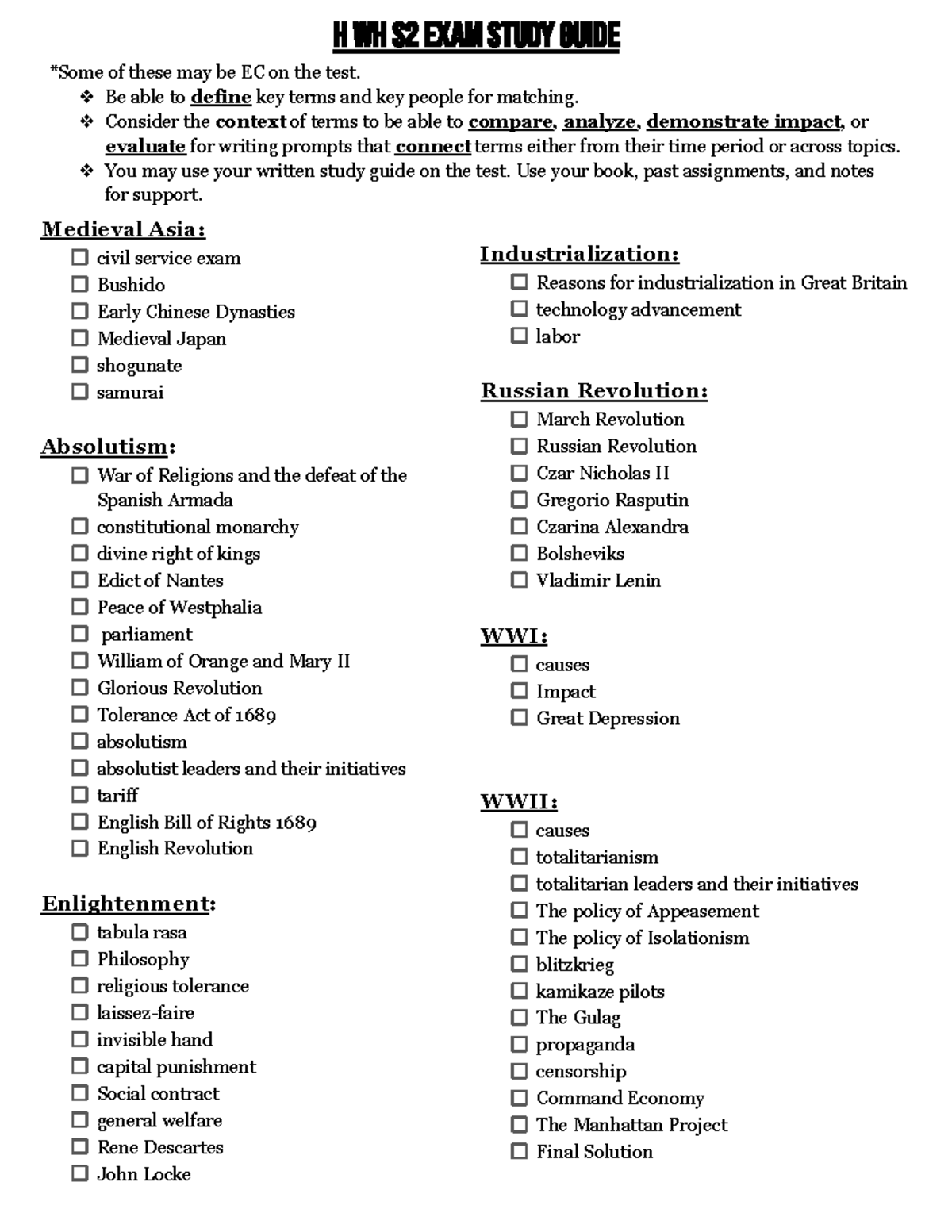 25-26 H WH S2 Final Exam Study Guide: Key Terms & Concepts - Studocu