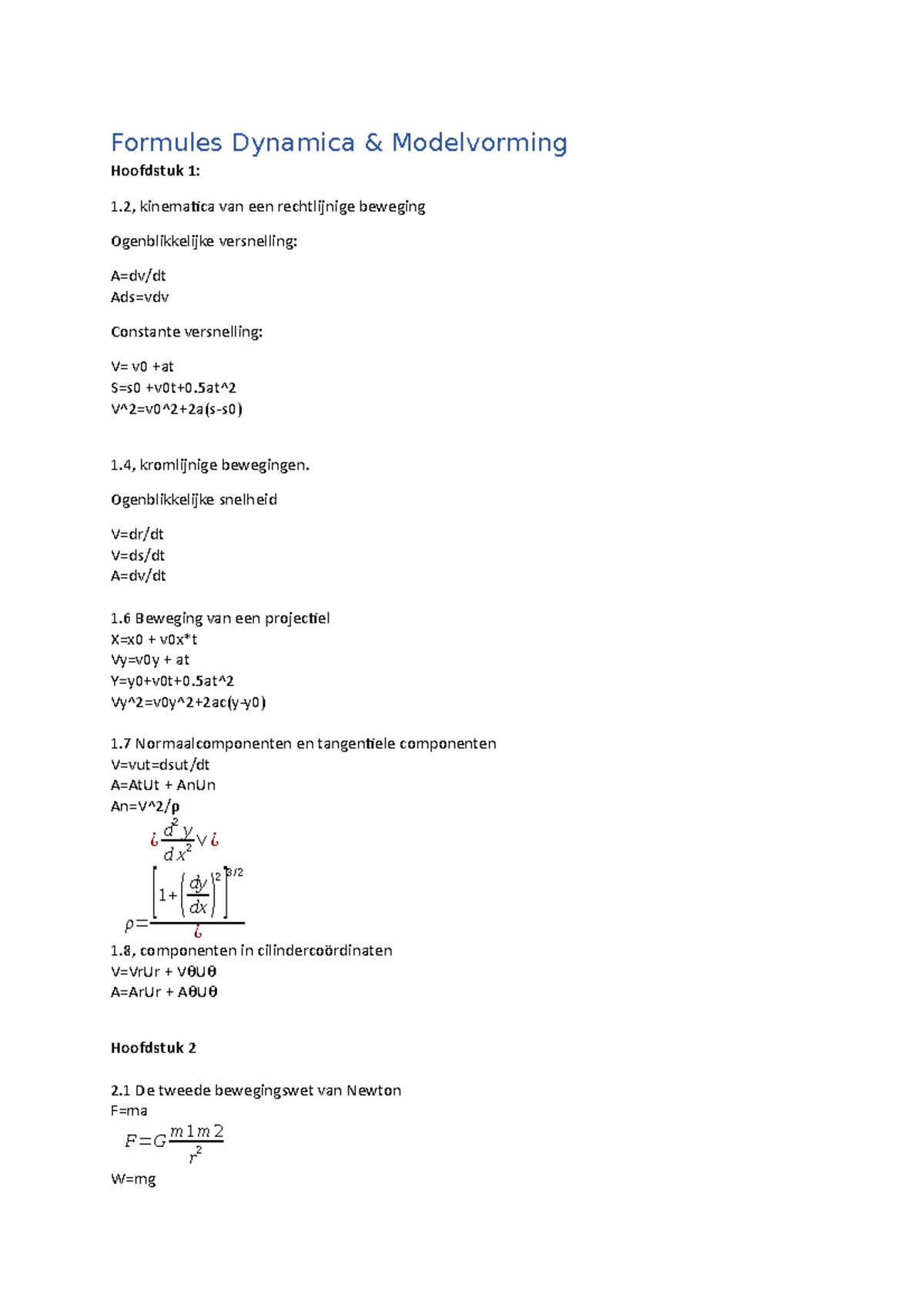 Formules Dynamica Hoofdstuk 1 en 2 - Kinematica en Newtons Wet ...