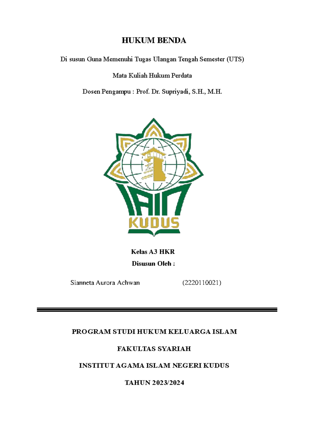 Hukum Benda: Contoh Kasus dan Pertanyaan untuk UTS Hukum Perdata (A3 HKR) - Studocu
