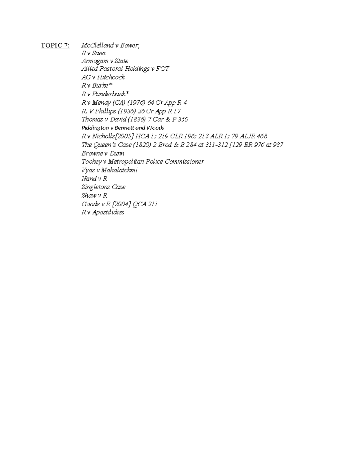 Topic 7: List of Key Cases in McClelland v R and Related Matters - Studocu