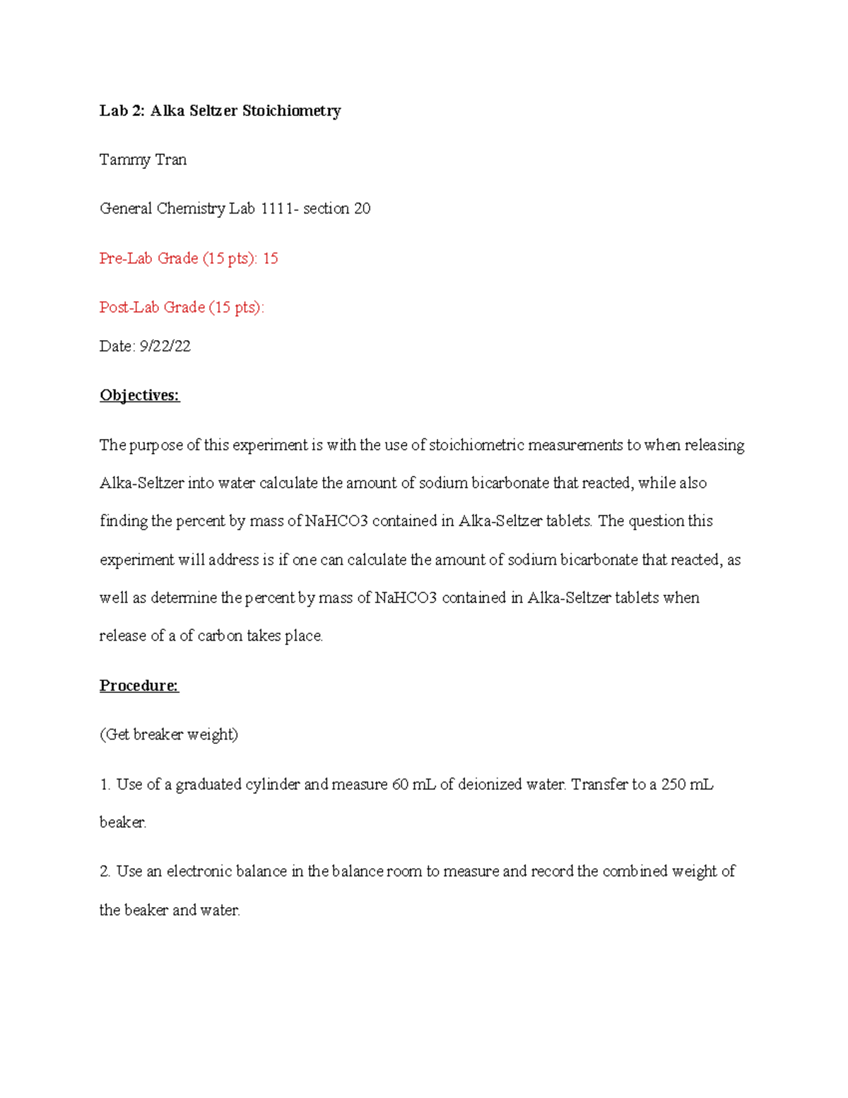 Alka Seltzer Stoichiometry Lab Report - Chem 1111, Lab Sec 20 - Studocu