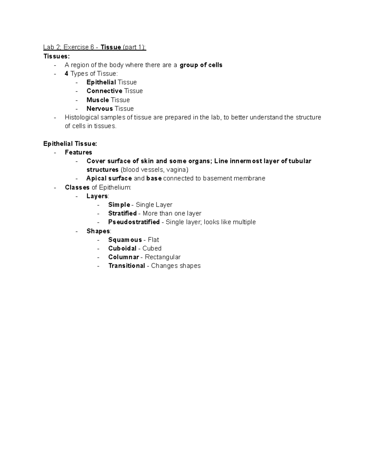 Anatomy and Physiology Lab - Tissue (part 1) - Lab 2; Exercise 6 ...