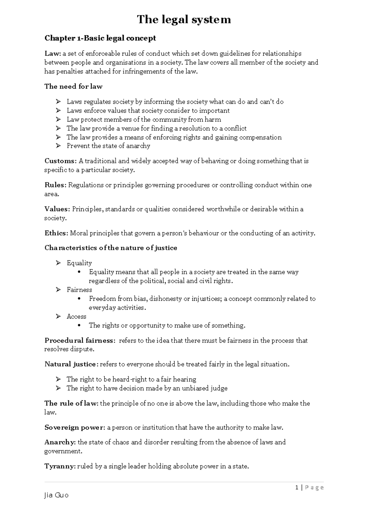 Year 11 Legal Notes - 39 Pages - The legal system Chapter 1-Basic legal ...