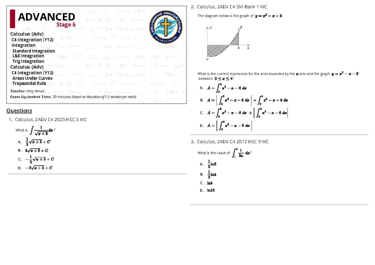 Integration Techniques in Calculus 2ADV C4: Area Under Curves - Studocu