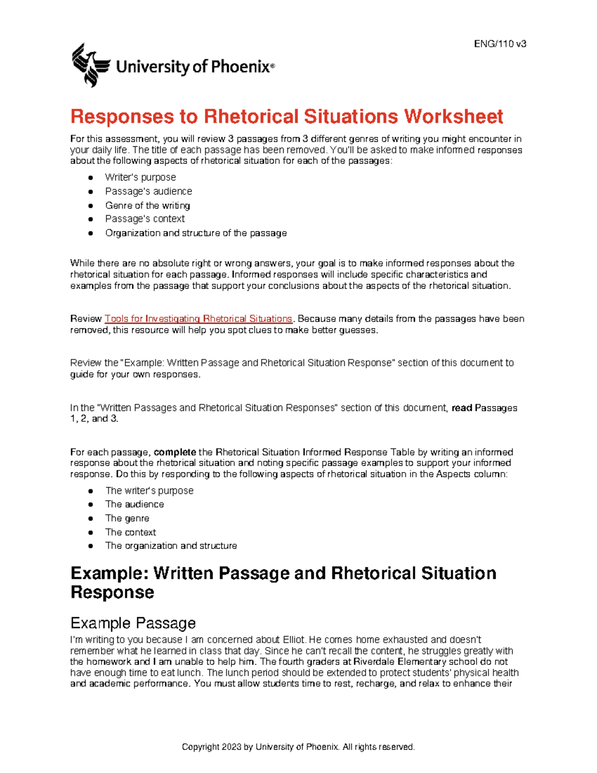 ENG/110 v Week 2 Rhetorical Situations Analysis Worksheet - Studocu