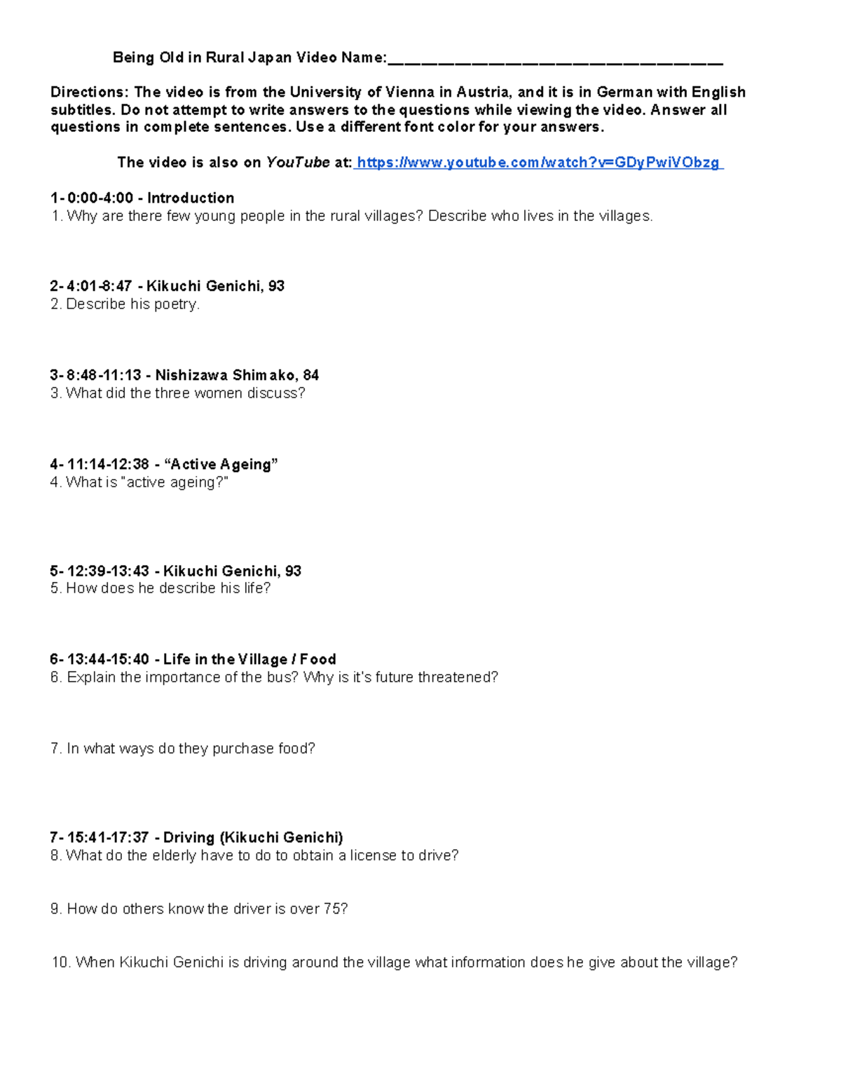 Being Old In Rural Japan - Do not attempt to write answers to the ...