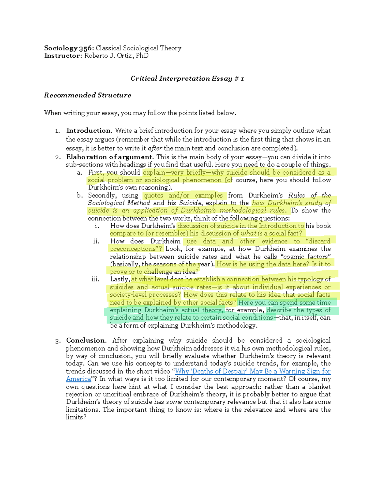 Sociology 356: Critical Interpretation Essay Structure on Durkheim's ...