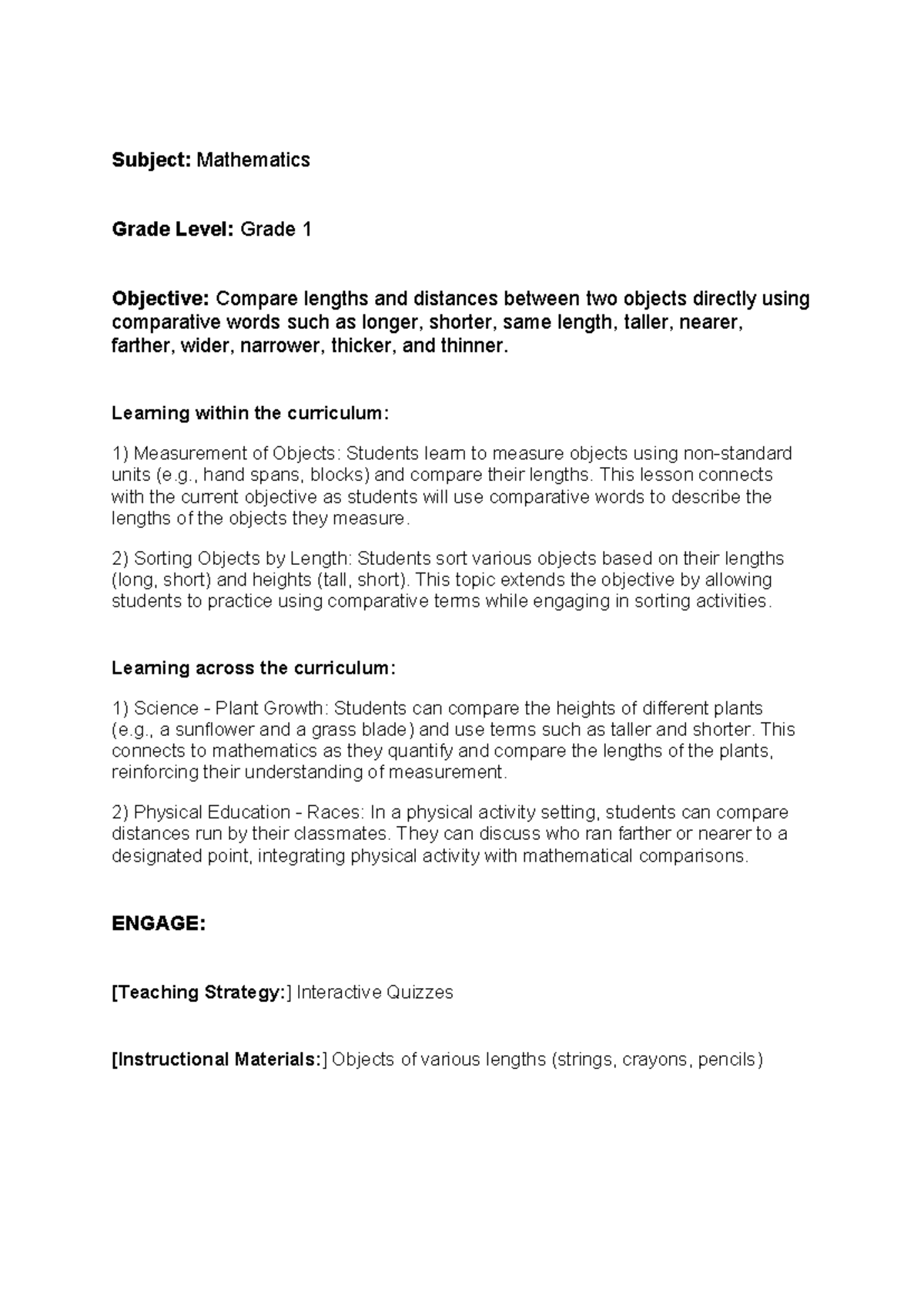 Mathematics Lesson Plan: Comparing Lengths for Grade 1 Students - Studocu