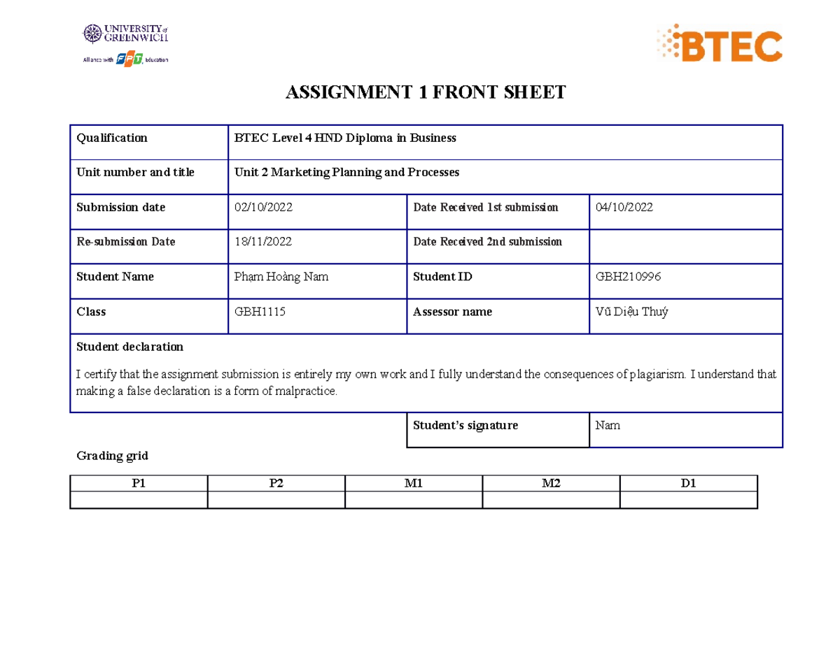 5033 Assignment 1 nam - 1.MCH 2021 - ... - ASSIGNMENT 1 FRONT SHEET Qualification BTEC Level 4 ...