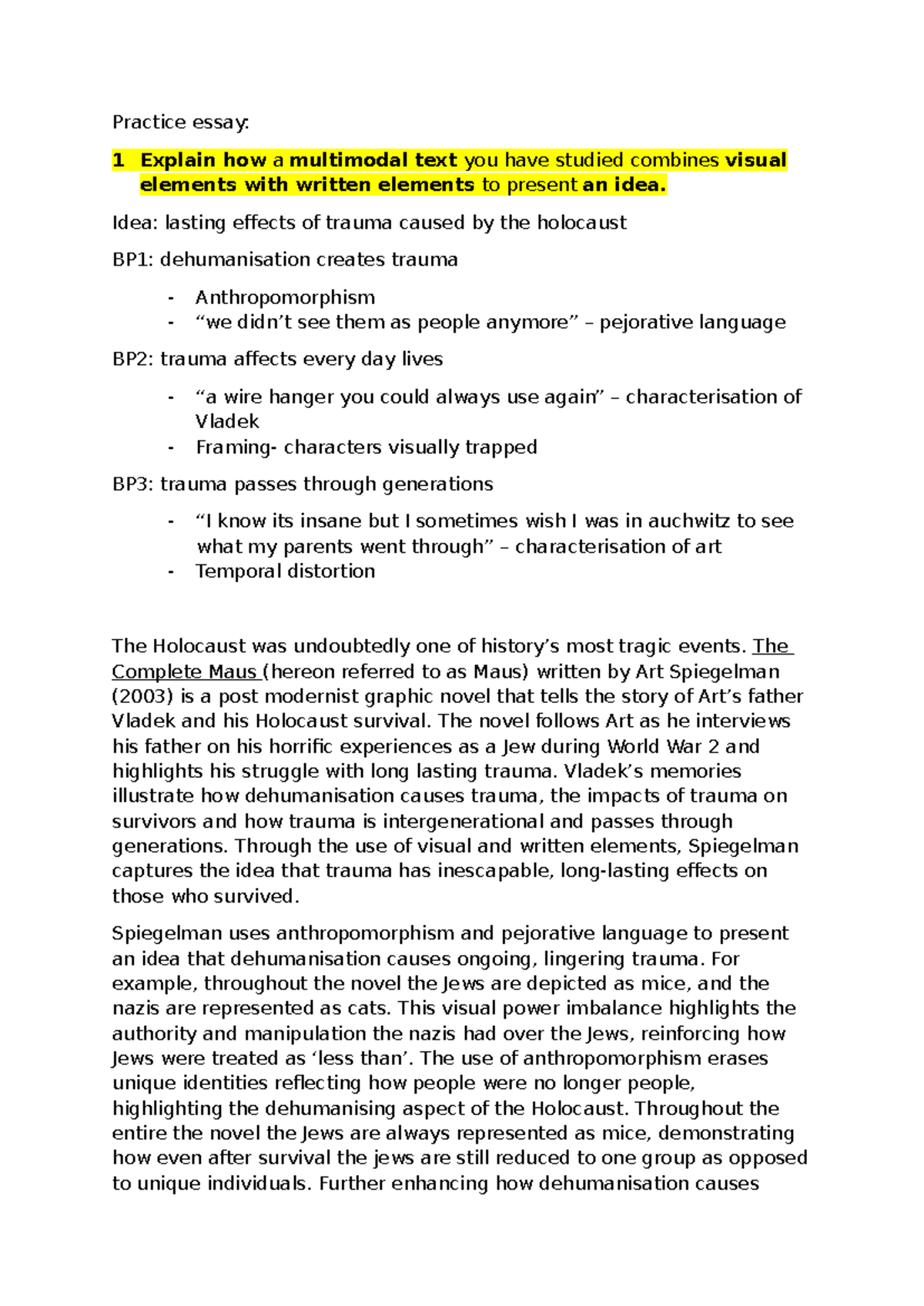 Practice Essay: MAUS and the Lasting Effects of Holocaust Trauma - Studocu