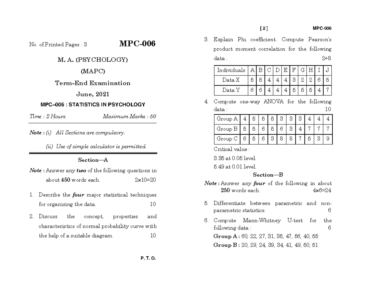 MPC-006 - Previous Year Statistics Question Paper for Psychology Exam ...