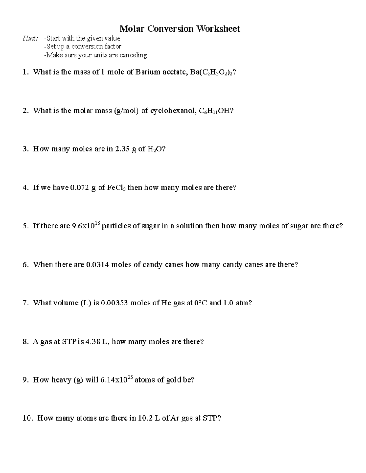 Mole Conversion Worksheet (Chemistry 4) - Studocu