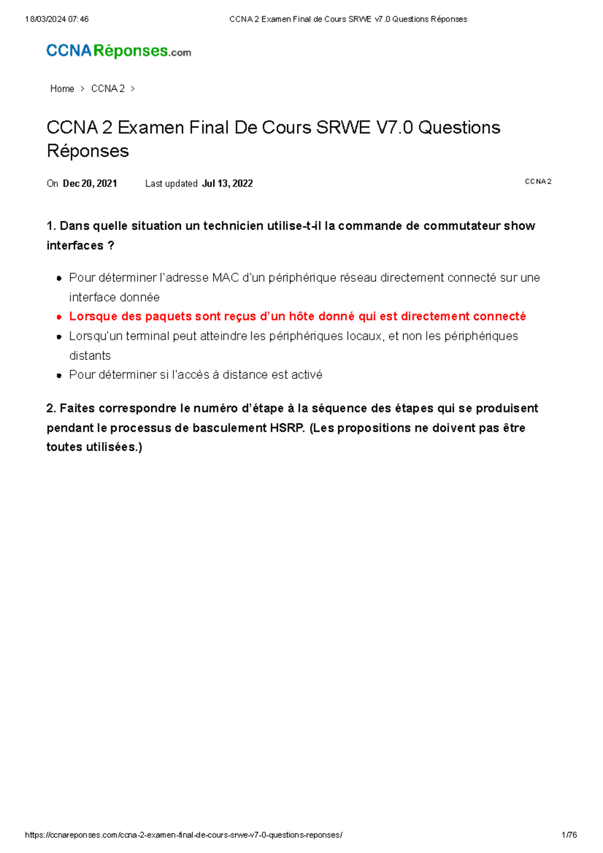 CCNA 2 V7.0 Examen Final SRWE: Questions et Réponses en Français - Studocu