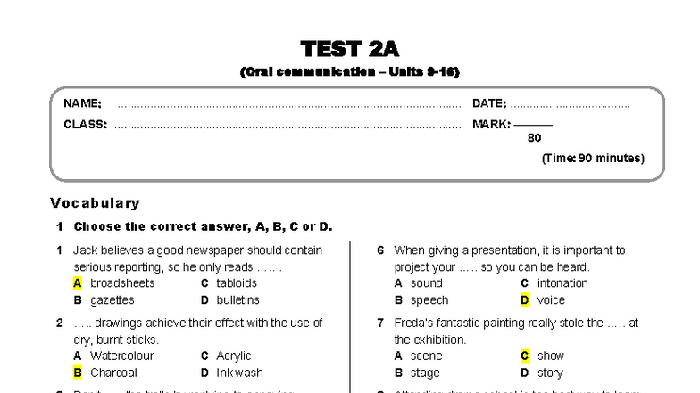 03 Legacy B2 P2 Oral Test 2A - Vocabulary & Grammar Exercises - Studocu