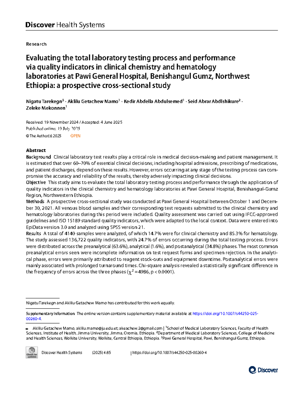 Evaluating the Total Laboratory Testing Process in Clinical Chemistry ...