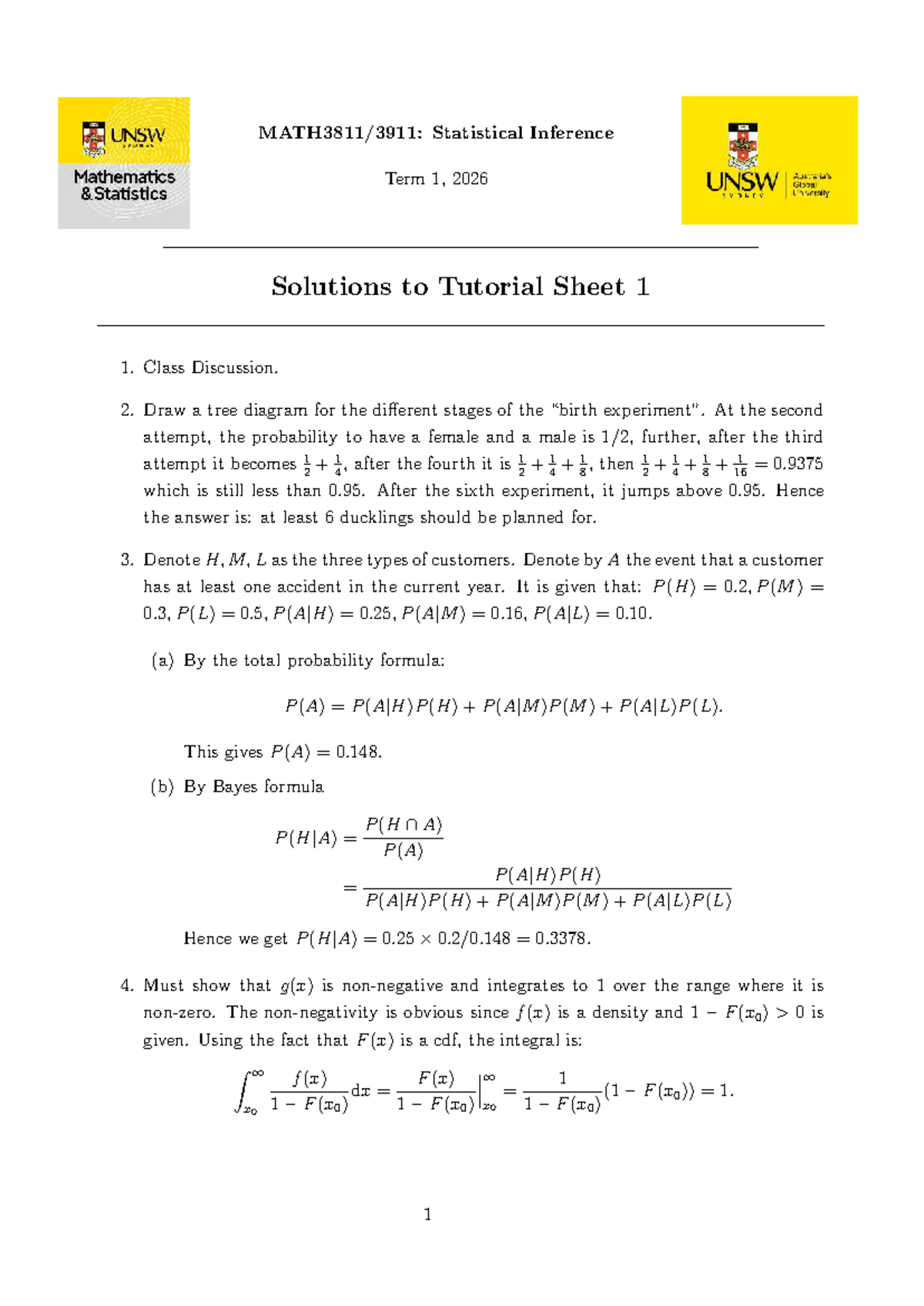 Statistical Inference ST101 Term 1, 2026 Tutorial Sheet 1 Solutions ...